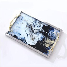 Blue Marble look tray with s/s trim brass handles - Home Bars